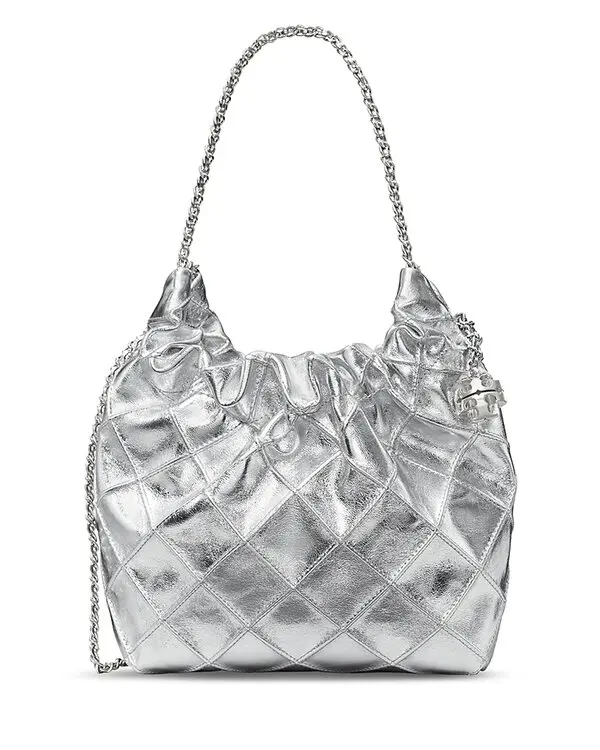 Tory Burch Fleming Mini Metallic Leather Hobo Bag - Silver