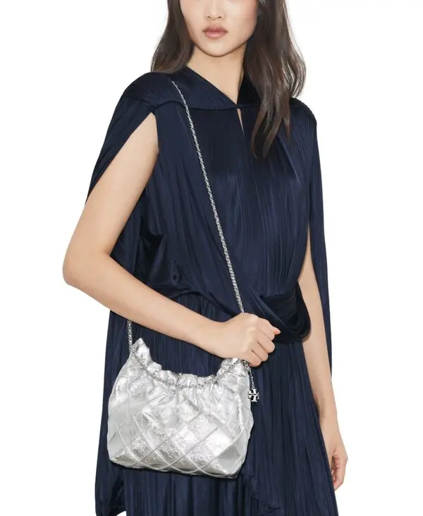 Tory Burch Fleming Mini Metallic Leather Hobo Bag - Silver