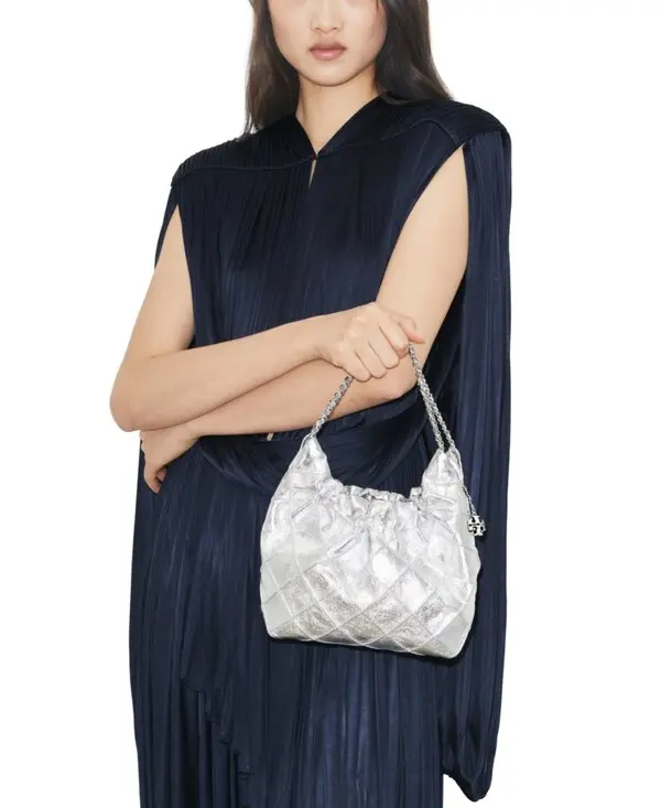 Tory Burch Fleming Mini Metallic Leather Hobo Bag - Silver