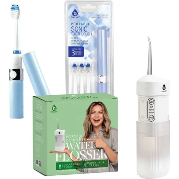 PURSONIC Compact Travel Oral Care Bundle: Portable Usb Rechargeable Collapsible Water Flosser And Portable Electric Toothbrush - Multicolor