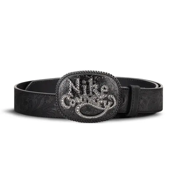 Nike Country Rhinestone Plaque Buckle Embossed Leather Belt - Black