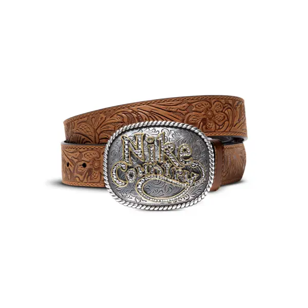 Nike Country Rhinestone Plaque Buckle Embossed Leather Belt - Brown