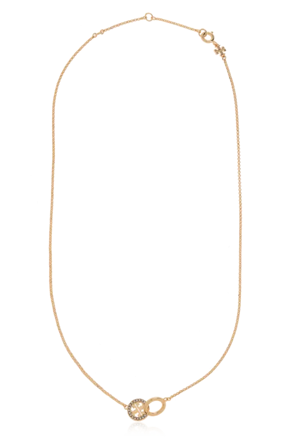 Tory Burch Crystal Embellished Logo Necklace - Gold