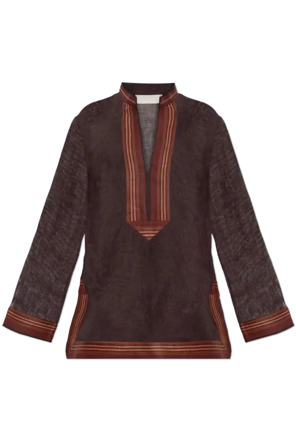 Tory Burch Linen Top With Trim - Brown