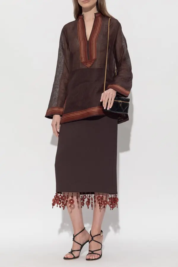 Tory Burch Linen Top With Trim - Brown