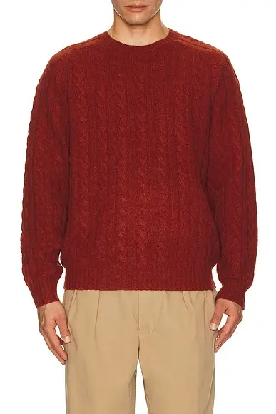 BEAMS Crew Cable 5g Sweater - Brick