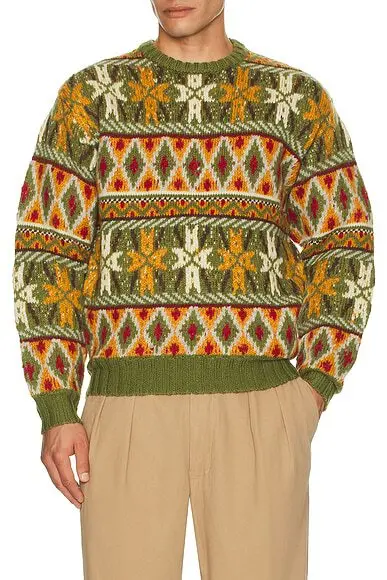 BEAMS Crew Fair Isle Pattern 3g Sweater - Green