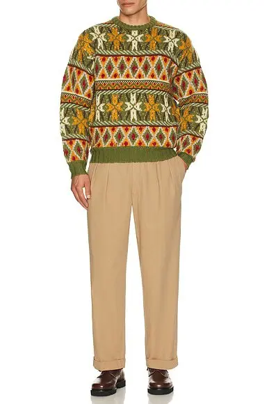BEAMS Crew Fair Isle Pattern 3g Sweater - Green