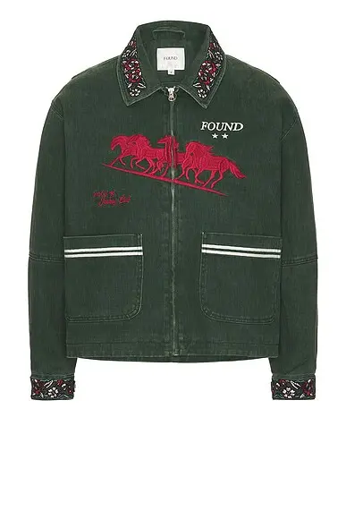 FOUND Jockey Club Embroidered Work Jacket - Forest Green