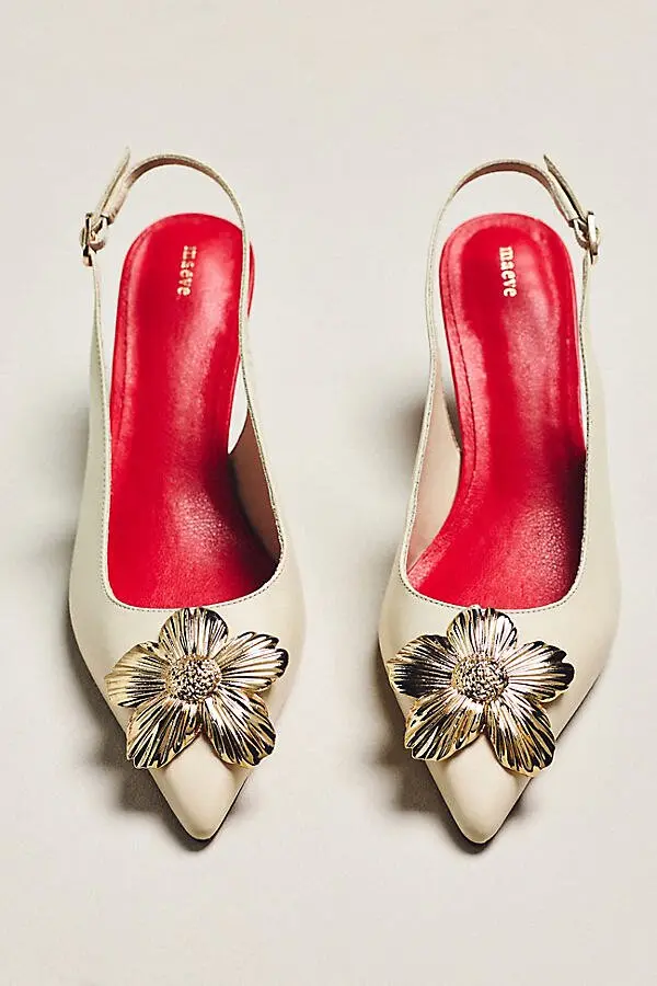 Maeve Slingback Heels With Flower Hardware Detail - Cream