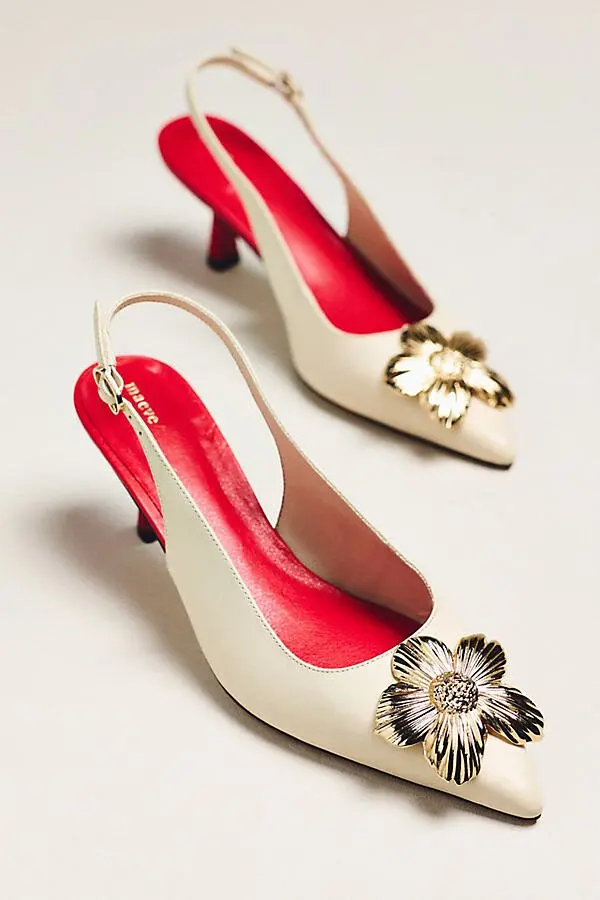 Maeve Slingback Heels With Flower Hardware Detail - Cream