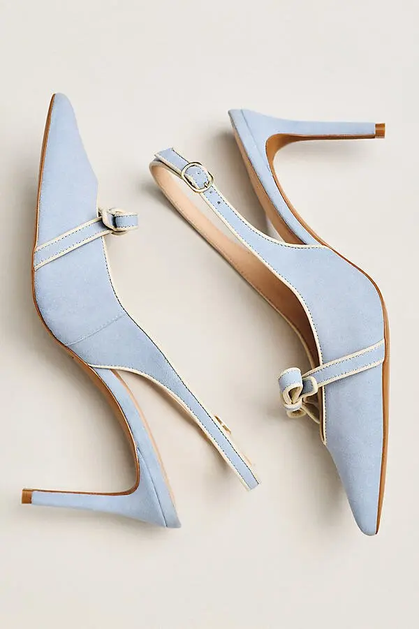 Maeve Bow Pointed-toe Slingback Heels - Blue Suede/cream