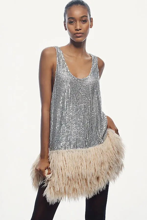 SIEMPRE Deco Sequin Feather Tunic - Silver/pink