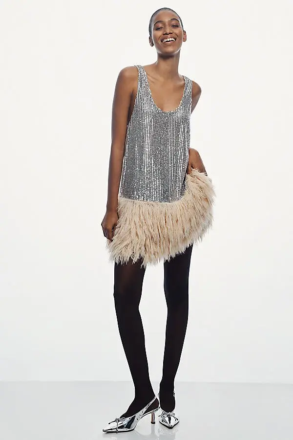 SIEMPRE Deco Sequin Feather Tunic - Silver/pink