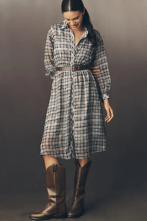 EN SAISON Briar Long-sleeve Midi Shirt Dress - Dusty Blue Brown