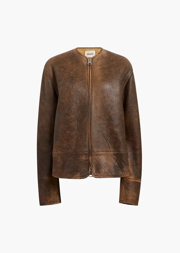 Khaite Ruban Distressed Leather Jacket - Dark Brown