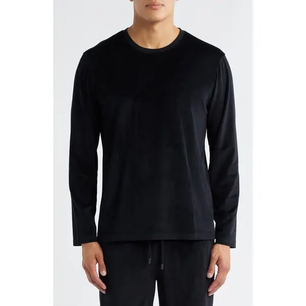 Daniel Buchler Velour Jacquard Long Sleeve Pajama Top - Black