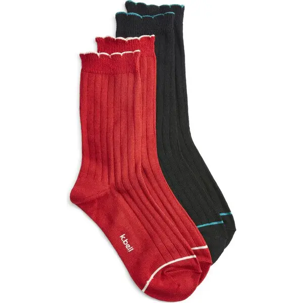 K BELL SOCKS Assorted 2-pack Scalloped Rib Crew Socks - Red