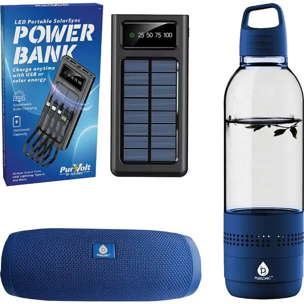 PURSONIC Outdoor Essentials Bundle2-in-1 Tooth Water Bottle, Peak Wireless Speaker - Blue