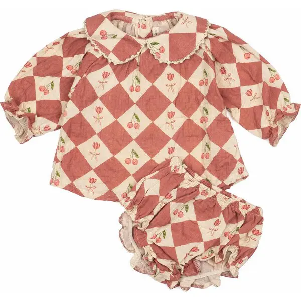 WILD WAWA Two-piece Cotton Gauze Set - Cherry Patchwork Crimson
