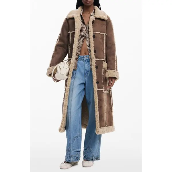 Desigual Faux Shearling Trim Longline Coat