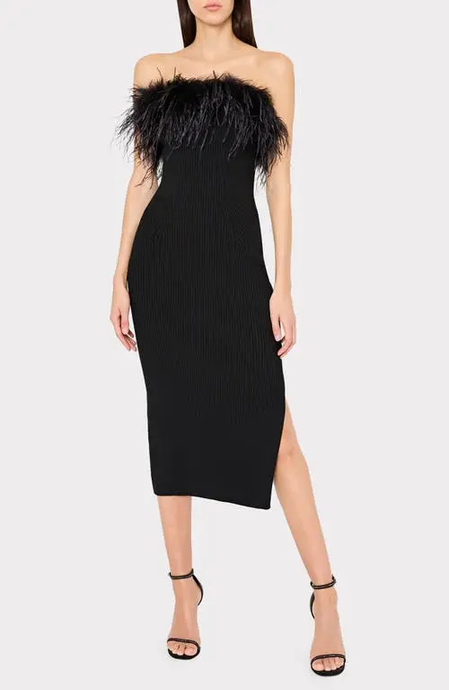 MILLY Feather Detail Strapless Midi Dress