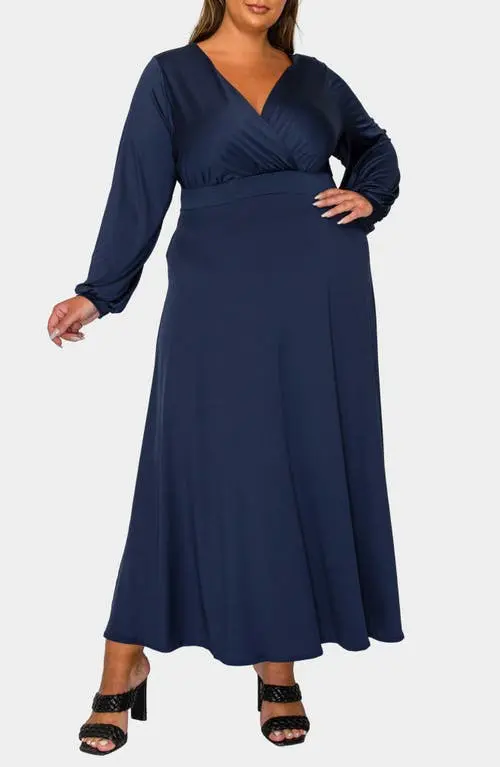 L I V D Surplice Neck Long Sleeve Satin Maxi Dress - Navy