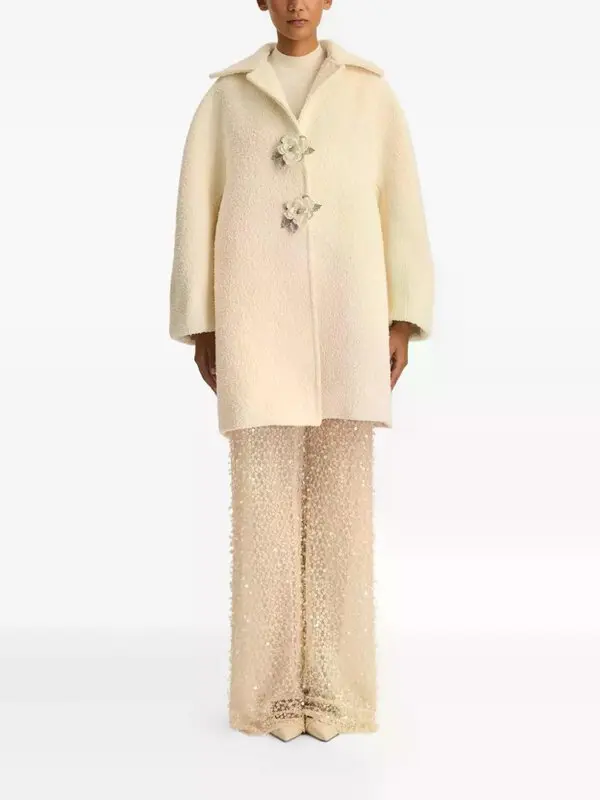 Oscar De La Renta Bouclé Coat With Floral Buttons - Neutrals
