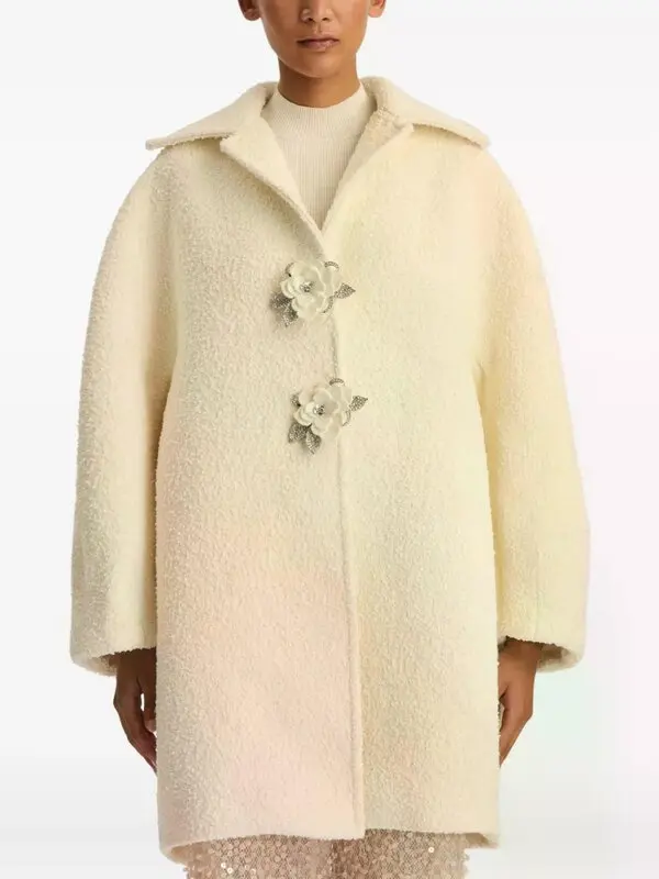 Oscar De La Renta Bouclé Coat With Floral Buttons - Neutrals