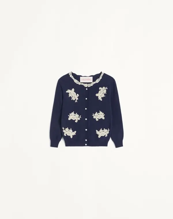 Valentino Garavani Embroidered Wool And Lace Cardigan - Blue/ivory