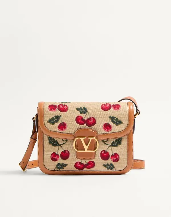 Valentino Garavani 9to5 Raffia Shoulder Bag With Cherryfic Motif