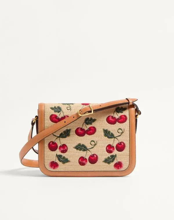 Valentino Garavani 9to5 Raffia Shoulder Bag With Cherryfic Motif