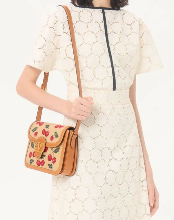 Valentino Garavani 9to5 Raffia Shoulder Bag With Cherryfic Motif