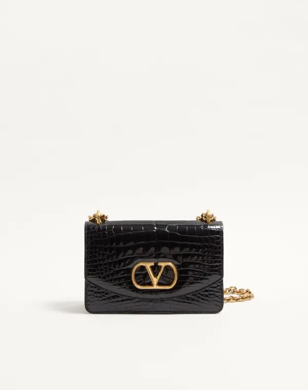 Valentino Garavani Vain Small Shoulder Bag In Crocodile Leather - Black
