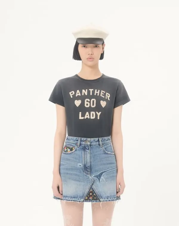 Valentino Garavani Cotton T-shirt With Panther Lady Print - Black/birch