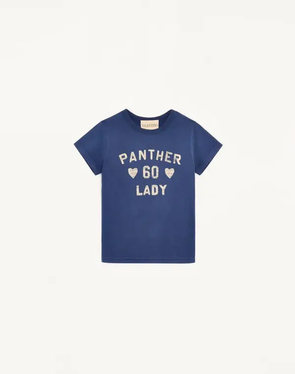 Valentino Garavani Cotton T-shirt With Panther Lady Print - Blue/birch
