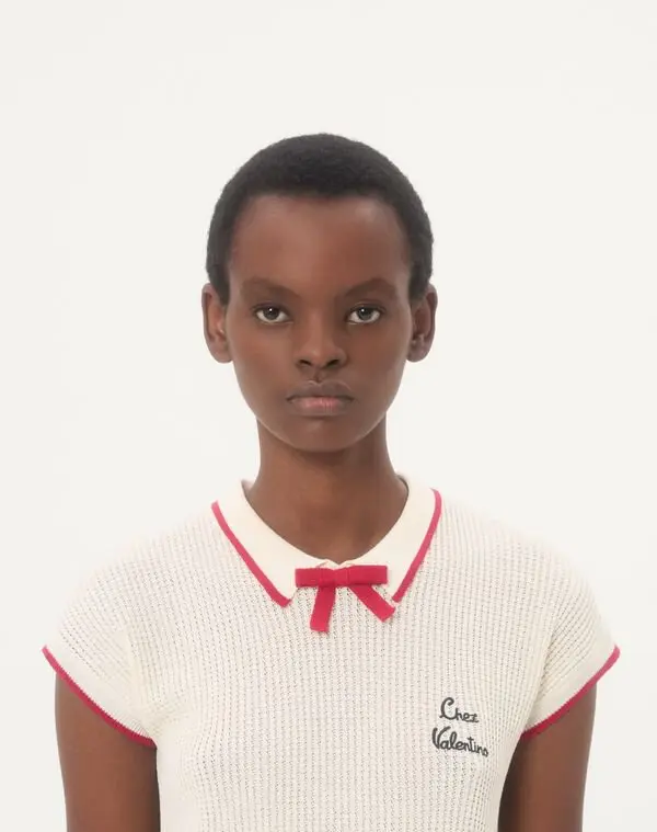 Valentino Garavani Cotton Blend Knit Top With Bow Detail - Birch/paris