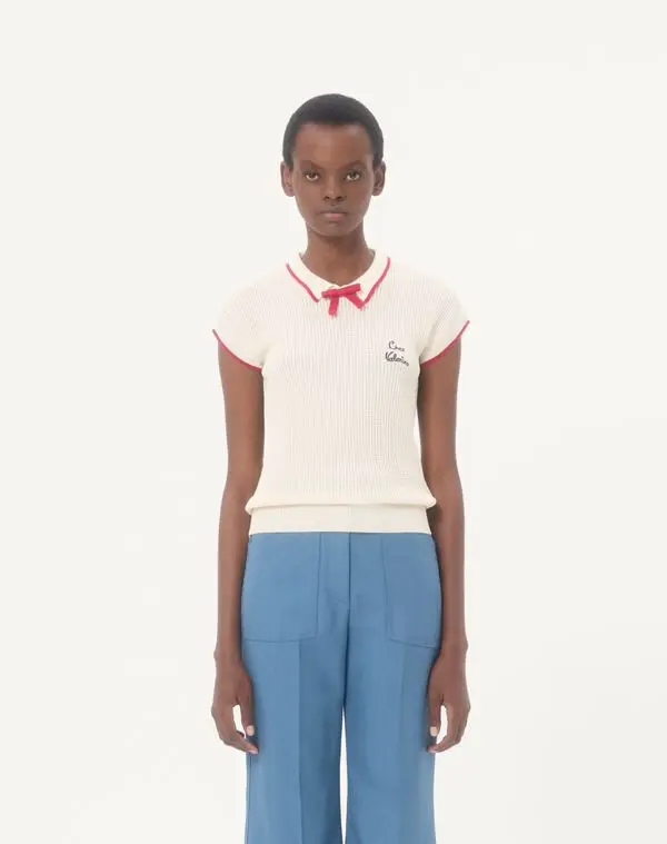 Valentino Garavani Cotton Blend Knit Top With Bow Detail - Birch/paris