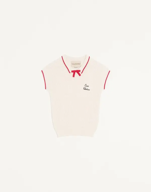 Valentino Garavani Cotton Blend Knit Top With Bow Detail - Birch/paris