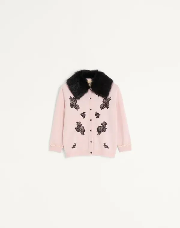 Valentino Garavani Cardigan With Shearling Collar - Rose/black