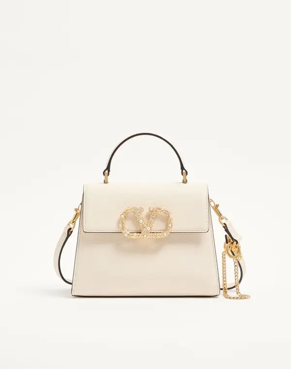 Valentino Garavani Vsling Small Handbag In Grainy Calfskin With Jewel Logo - Ivory