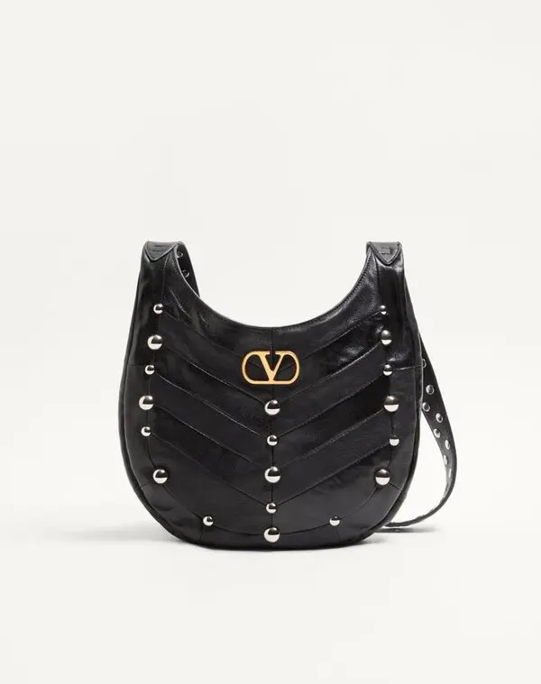 Valentino Garavani Small Nappa Leather Hobo Bag With Chevron Pattern And Studs - Black