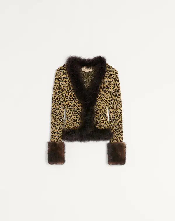 Valentino Garavani Jacquard Lurex Knit Jacket With Feather Trim - Animal Print