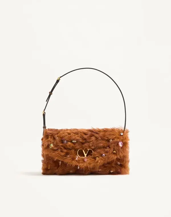Valentino Garavani Small Shoulder Bag In Lamb Fur With Rhinestones - Brown/multicolour