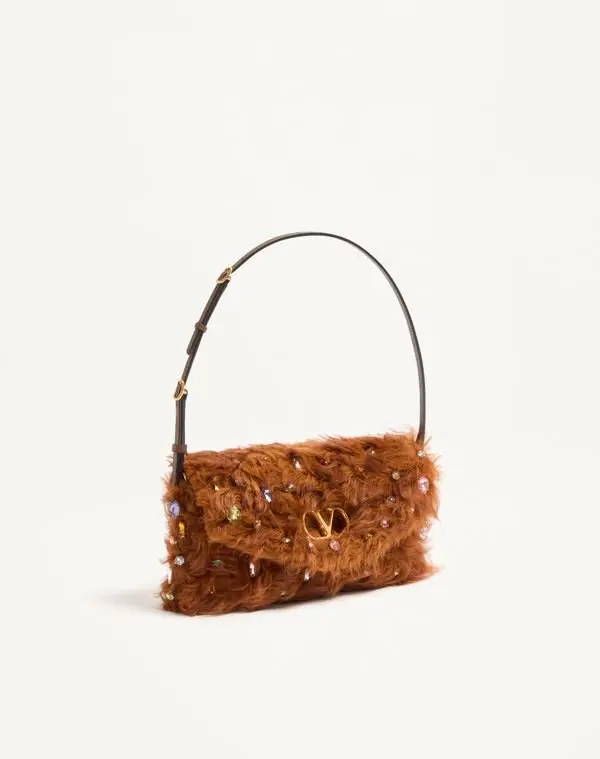 Valentino Garavani Small Shoulder Bag In Lamb Fur With Rhinestones - Brown/multicolour