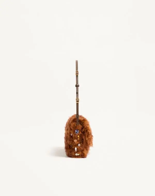 Valentino Garavani Small Shoulder Bag In Lamb Fur With Rhinestones - Brown/multicolour