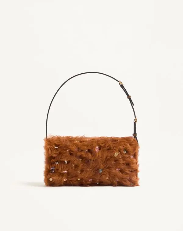 Valentino Garavani Small Shoulder Bag In Lamb Fur With Rhinestones - Brown/multicolour
