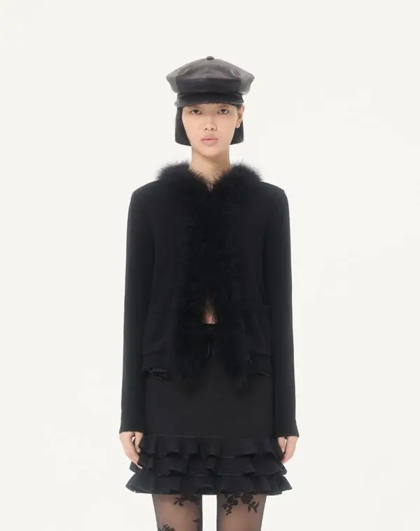 Valentino Garavani Wool Cardigan With Feather Trim - Black