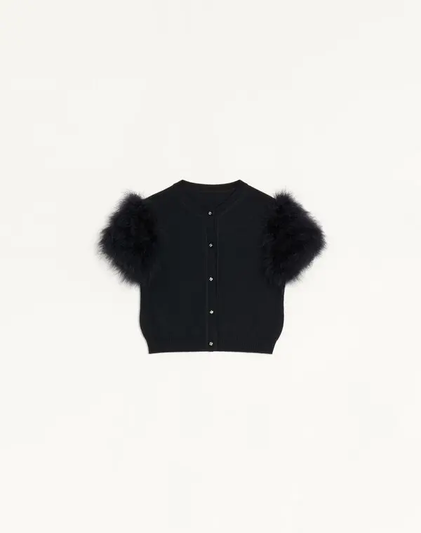 Valentino Garavani Wool Knit Cardigan With Feather Trim - Black