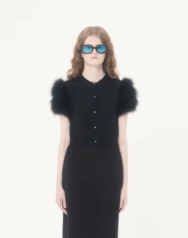 Valentino Garavani Wool Knit Cardigan With Feather Trim